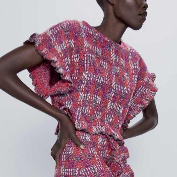 Zara | Tops | Nwt Zara Orangepink Mixed Knit Ruffled Boxy Crop Top ...